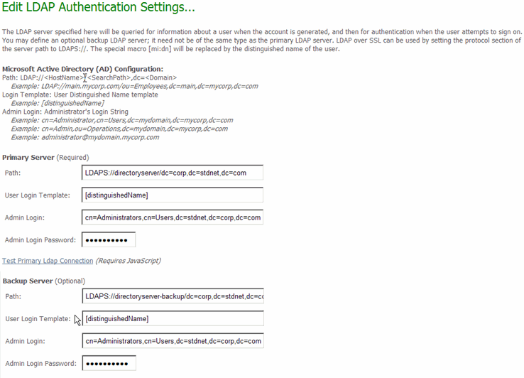 Web Interface - Settings - Security Policies - External Authentication - LDAP Lookup